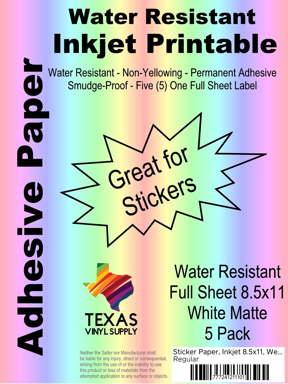 Sticker Paper, Inkjet 8.5x11, Water Resistant | Texas Vinyl Supply