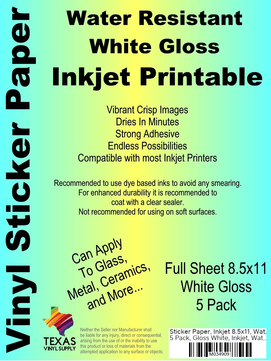 Sticker Paper, Inkjet 8.5x11, Water Resistant | Texas Vinyl Supply