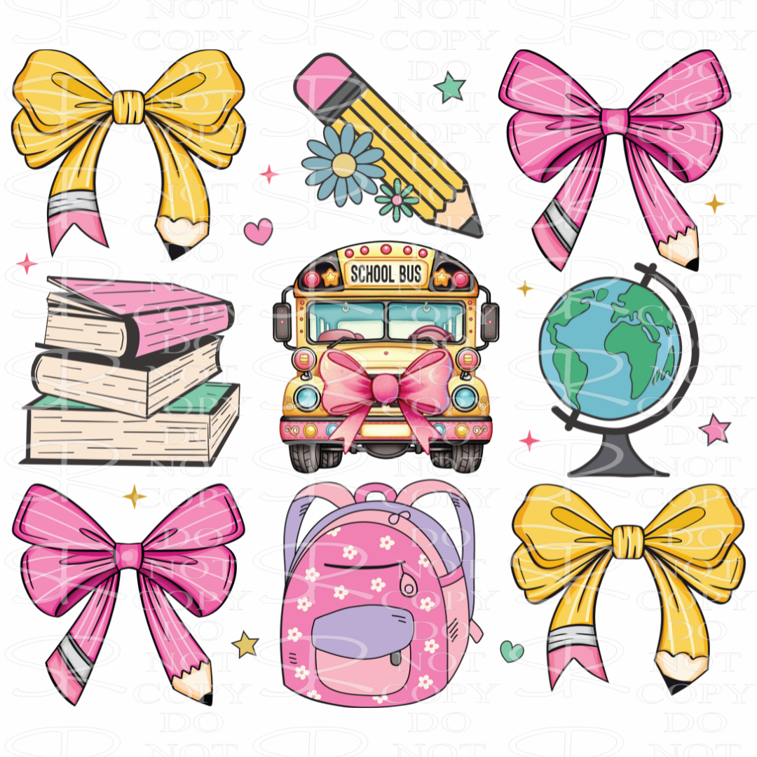 TEACH, Teacher Coquette Bows, Pencils, School Bus, Standard ...